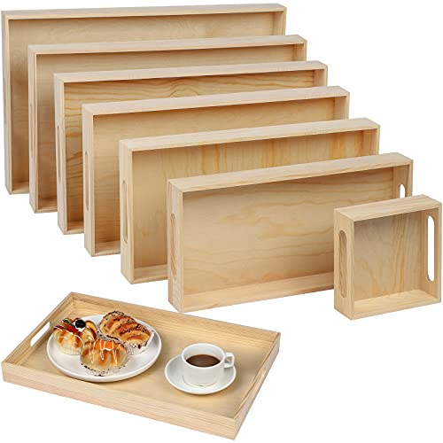 Aodaer 7 Pieces Wooden Nested Serving Trays with Handle Rectangular Shape Wood Trays Kitchen Nesting Trays for Homes, Hotels, Bars Serving Pastries, Snacks, Coffee, Tea