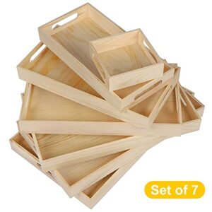 Aodaer 7 Pieces Wooden Nested Serving Trays with Handle Rectangular Shape Wood Trays Kitchen Nesting Trays for Homes, Hotels, Bars Serving Pastries, Snacks, Coffee, Tea