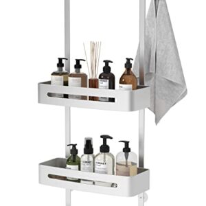 TZAMLI Hanging Shower Caddy Over The Door Shower Organizer, Aluminum Shower Shelf Bathroom Storage Rack with Hook and Basket (Silver-Silver, 2-Tier)