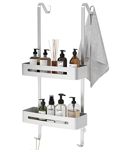 TZAMLI Hanging Shower Caddy Over The Door Shower Organizer, Aluminum Shower Shelf Bathroom Storage Rack with Hook and Basket (Silver-Silver, 2-Tier)