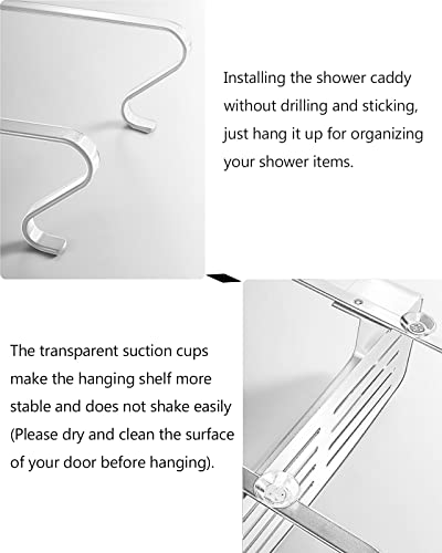 TZAMLI Hanging Shower Caddy Over The Door Shower Organizer, Aluminum Shower Shelf Bathroom Storage Rack with Hook and Basket (Silver-Silver, 2-Tier)