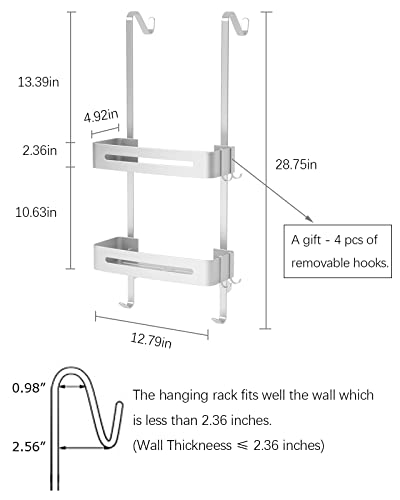 TZAMLI Hanging Shower Caddy Over The Door Shower Organizer, Aluminum Shower Shelf Bathroom Storage Rack with Hook and Basket (Silver-Silver, 2-Tier)