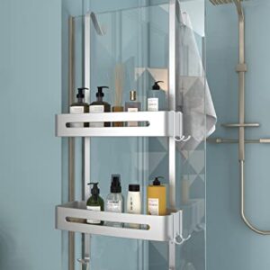 TZAMLI Hanging Shower Caddy Over The Door Shower Organizer, Aluminum Shower Shelf Bathroom Storage Rack with Hook and Basket (Silver-Silver, 2-Tier)