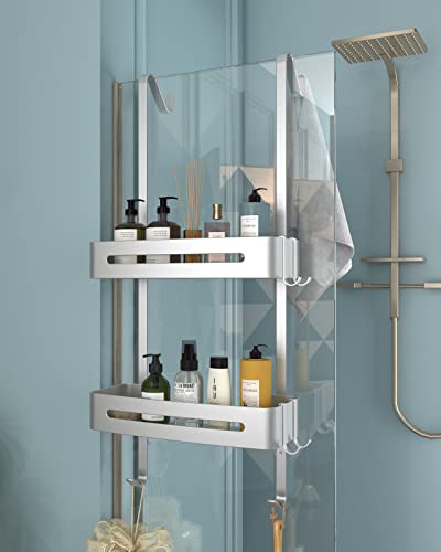 TZAMLI Hanging Shower Caddy Over The Door Shower Organizer, Aluminum Shower Shelf Bathroom Storage Rack with Hook and Basket (Silver-Silver, 2-Tier)