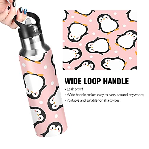 Cute Animal Penguin Kids Water Bottle Thermos with Straw School Vacuum Insulated Stainless Steel Thermos Bottle Cup Leakproof Sport Travel Cup Mug Handle for Girls Women Biking 20 OZ