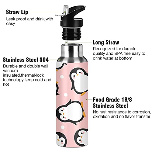 Cute Animal Penguin Kids Water Bottle Thermos with Straw School Vacuum Insulated Stainless Steel Thermos Bottle Cup Leakproof Sport Travel Cup Mug Handle for Girls Women Biking 20 OZ