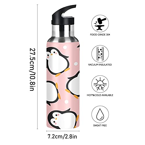 Cute Animal Penguin Kids Water Bottle Thermos with Straw School Vacuum Insulated Stainless Steel Thermos Bottle Cup Leakproof Sport Travel Cup Mug Handle for Girls Women Biking 20 OZ