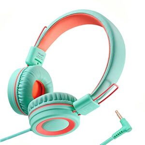 nilogie a21 kids headphones for school/pc/cellphone/airplane travel with 3.5mm jack children boys girls foldable wired on-ear headset (mint coral)