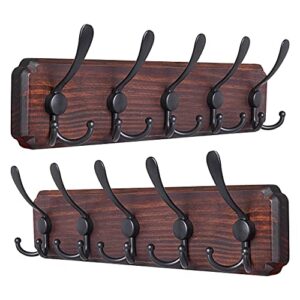 coat rack wall mount - 5 double metal coat rack hooks set of 2, wall mounted coat rack heavy duty set 2, rustic wooden, coat hat key for entryway, closet room, bathroom, bedroom (brown)