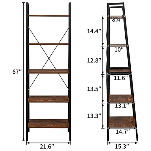 ALIMORDEN Heavy Duty Retro Ladder Shelf, 5 Tier Industrial Bookshelf with Wood Pattern , 21.6 x 15.3 x 67 Inches, Rustic Brown