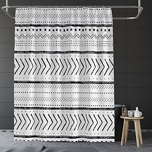 HYPREST Boho Shower Curtain, White Shower Curtain Sets with Bohemian Geometric Pattern, Washable Water Repellent Fabric Shower Curtain for Bathroom with 12 Hooks & Weighted Bottom Hem (72" x 72")