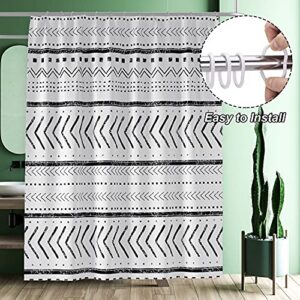 HYPREST Boho Shower Curtain, White Shower Curtain Sets with Bohemian Geometric Pattern, Washable Water Repellent Fabric Shower Curtain for Bathroom with 12 Hooks & Weighted Bottom Hem (72" x 72")