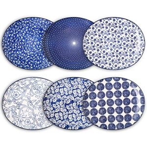 selamica porcelain shallow oval dinner plates, 8 inch dessert pasta salad curve plates, microwave/dishwasher/oven safe, set of 6, vintage blue