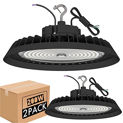 200W LED UFO High Bay Light 30000LM 5000K LED Commercial Bay Lighting for Gym Factory Warehouse - 0-10V Dimmable, 550W MH/HPS Equiv- US Hook 5' Cable, Safe Rope, UL&DLC Listed(2-Pack)