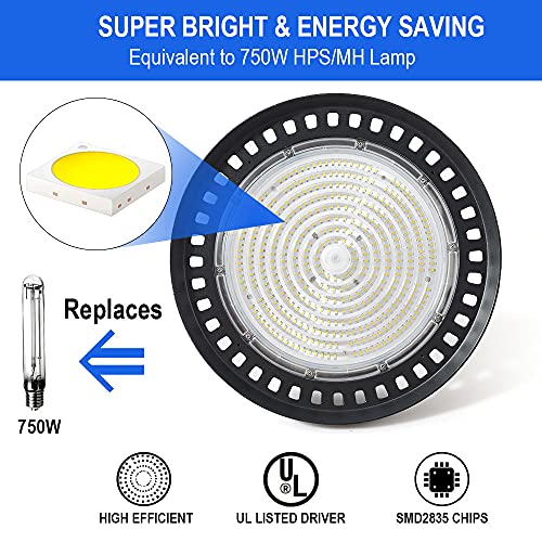 200W LED UFO High Bay Light 30000LM 5000K LED Commercial Bay Lighting for Gym Factory Warehouse - 0-10V Dimmable, 550W MH/HPS Equiv- US Hook 5' Cable, Safe Rope, UL&DLC Listed(2-Pack)