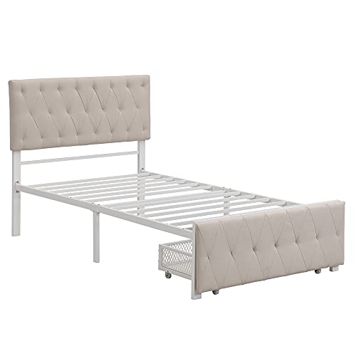 MERITLINE Twin Size Metal Bed, Twin Platform Bed Frame with Upholstered Headboard and Footboard, Metal Platform Bed with Drawer Storage No Box Spring Needed (Twin Size, Beige)