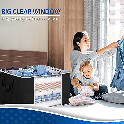 4-Pack Set-Solid Black Large Capacity 90L Storage Underbed Bag Organizer Foldable with Zipper, Clear Window and Reinforced Handle for Containers, Pillows, Comforters, Blankets, Bedding, Quilts, Clothes, made Non Woven Breathable Fabric