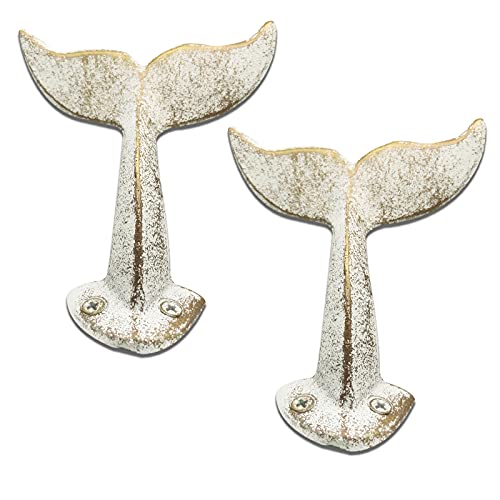 BECUTY Set of 2 Cast Iron Wall Hook-Unique Whale Tail Shape (Gold & White Finish)