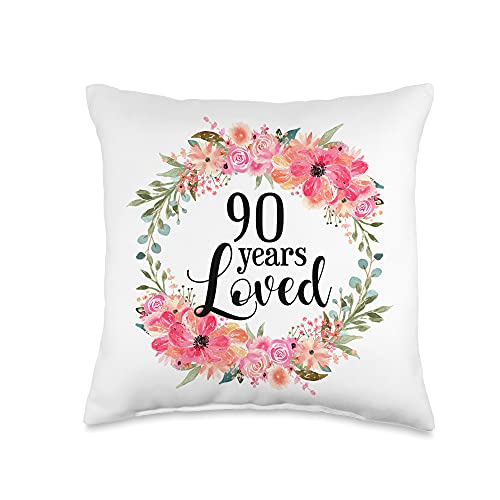 Floral 90 Years Loved Mom Grandma Birthday Gift Floral Loved 90 Year Old Grandma 90th Birthday Gift Throw Pillow, 16x16, Multicolor