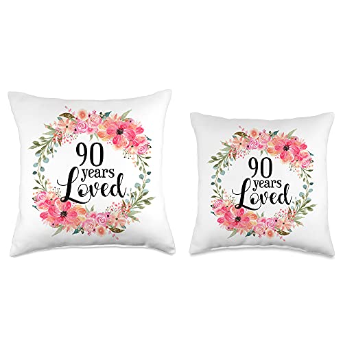 Floral 90 Years Loved Mom Grandma Birthday Gift Floral Loved 90 Year Old Grandma 90th Birthday Gift Throw Pillow, 16x16, Multicolor