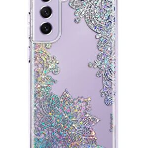 Coolwee Clear Glitter for Galaxy S21 FE Case Thin Flower Slim Cute Crystal Lace Bling Shiny Women Girl Floral Plastic Hard Back Soft TPU Bumper Protective Cover for Samsung Galaxy S21 FE Mandala Henna