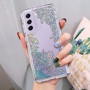 Coolwee Clear Glitter for Galaxy S21 FE Case Thin Flower Slim Cute Crystal Lace Bling Shiny Women Girl Floral Plastic Hard Back Soft TPU Bumper Protective Cover for Samsung Galaxy S21 FE Mandala Henna