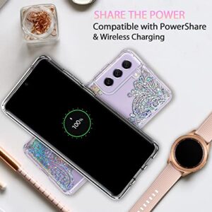 Coolwee Clear Glitter for Galaxy S21 FE Case Thin Flower Slim Cute Crystal Lace Bling Shiny Women Girl Floral Plastic Hard Back Soft TPU Bumper Protective Cover for Samsung Galaxy S21 FE Mandala Henna