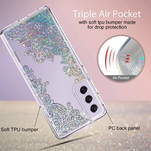 Coolwee Clear Glitter for Galaxy S21 FE Case Thin Flower Slim Cute Crystal Lace Bling Shiny Women Girl Floral Plastic Hard Back Soft TPU Bumper Protective Cover for Samsung Galaxy S21 FE Mandala Henna