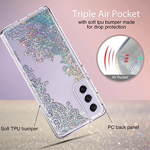 Coolwee Clear Glitter for Galaxy S21 FE Case Thin Flower Slim Cute Crystal Lace Bling Shiny Women Girl Floral Plastic Hard Back Soft TPU Bumper Protective Cover for Samsung Galaxy S21 FE Mandala Henna