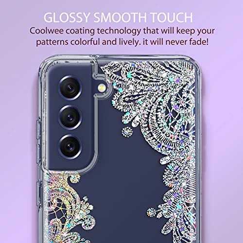 Coolwee Clear Glitter for Galaxy S21 FE Case Thin Flower Slim Cute Crystal Lace Bling Shiny Women Girl Floral Plastic Hard Back Soft TPU Bumper Protective Cover for Samsung Galaxy S21 FE Mandala Henna