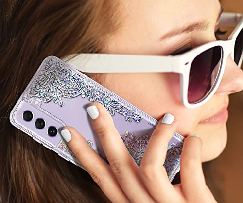 Coolwee Clear Glitter for Galaxy S21 FE Case Thin Flower Slim Cute Crystal Lace Bling Shiny Women Girl Floral Plastic Hard Back Soft TPU Bumper Protective Cover for Samsung Galaxy S21 FE Mandala Henna