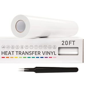 vinylrus heat transfer vinyl-12” x 20ft white iron on vinyl roll for shirts, htv vinyl for silhouette cameo, cricut, easy to cut & weed