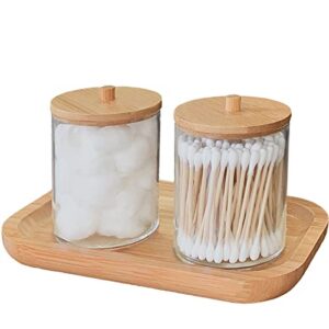 baofufu qtip holder bathroom organizer acrylic apothecary jars with bamboo tray for cotton ball pad holds floss small items bamboo bathroom accessories restroom organization 3pack