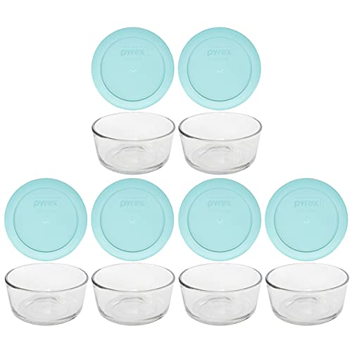 Pyrex (6 7202 Glass Bowls & (6) 7202-PC Turquoise Lids