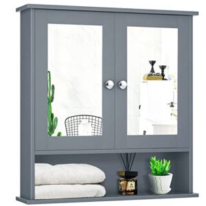 giantex bathroom wall cabinet with 2 mirror doors and adjustable shelf, hanging wooden medicine cabinet storage organizer, bathroom mirror cabinet wall mounted (grey)