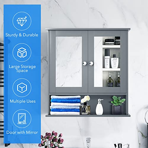 Giantex Bathroom Wall Cabinet with 2 Mirror Doors and Adjustable Shelf, Hanging Wooden Medicine Cabinet Storage Organizer, Bathroom Mirror Cabinet Wall Mounted (Grey)