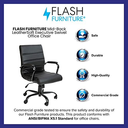 Flash Furniture Whitney Mid-Back Desk Chair - Black LeatherSoft Executive Swivel Office Chair with Black Frame - Swivel Arm Chair