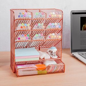 Spacrea Pen Holder Desk Organizer - Desk Organizers and Accessories, Pencil Holder with 10 Compartments and 1 Drawer（Rose Gold）