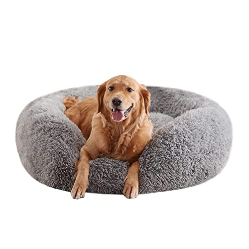 URGVANZ PET Calming Dog Bed Anti-Anxiety Donut Dog Beds for Extra Large Dogs,Machine Washable Plush Fluffy Round Cuddler,34 inch,Gray