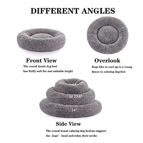 URGVANZ PET Calming Dog Bed Anti-Anxiety Donut Dog Beds for Extra Large Dogs,Machine Washable Plush Fluffy Round Cuddler,34 inch,Gray