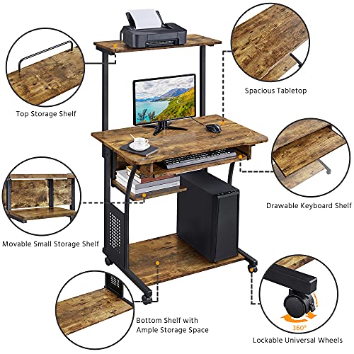 Yaheetech 3 Tiers Rolling Computer Desk with Keyboard Tray and Printer Shelf for Home Office, Mobile Computer Desk for Small Space, Retro Computer Table Compact PC Laptop Workstation, Rustic Brown