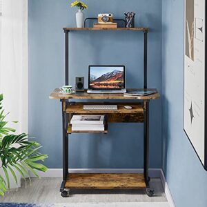 Yaheetech 3 Tiers Rolling Computer Desk with Keyboard Tray and Printer Shelf for Home Office, Mobile Computer Desk for Small Space, Retro Computer Table Compact PC Laptop Workstation, Rustic Brown