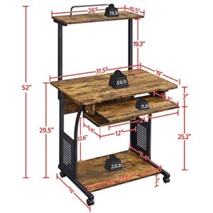 Yaheetech 3 Tiers Rolling Computer Desk with Keyboard Tray and Printer Shelf for Home Office, Mobile Computer Desk for Small Space, Retro Computer Table Compact PC Laptop Workstation, Rustic Brown