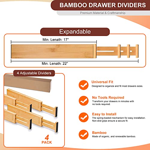 DICOBEE Bamboo Kitchen Drawer Dividers Organizers, (Large (17"-22")) Expandable Drawer Organizer, Adjustable Bamboo Dividers For Kitchen Drawers, Dresser, Bedroom, Bathroom, and Office, 4 Pack