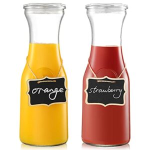 set of 2 glass carafe with lids, 1 liter water pitcher carafe for mimosa bar, brunch, cold water, beverage, wine, iced tea, lemonade - 2 wooden chalkboard tags included