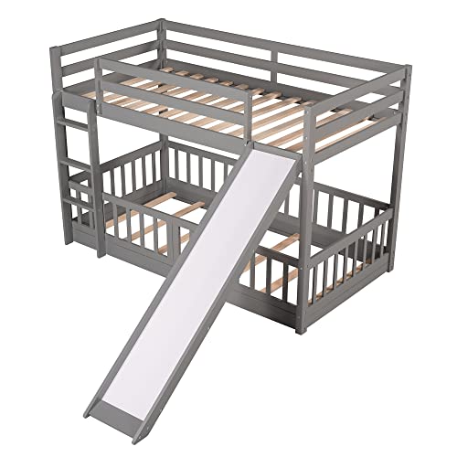 Twin Over Twin Low Bunk Bed for Kids, Ladder and Slide Can Be Interchanged or Remove, Solid Wood Bunk Bed Can Be Converted into Loft Bed (Gray + Fence Can Be Deleted)