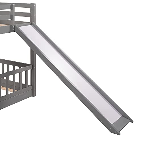 Twin Over Twin Low Bunk Bed for Kids, Ladder and Slide Can Be Interchanged or Remove, Solid Wood Bunk Bed Can Be Converted into Loft Bed (Gray + Fence Can Be Deleted)