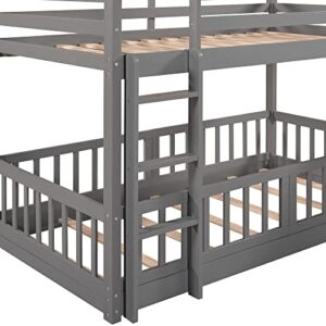 Twin Over Twin Low Bunk Bed for Kids, Ladder and Slide Can Be Interchanged or Remove, Solid Wood Bunk Bed Can Be Converted into Loft Bed (Gray + Fence Can Be Deleted)