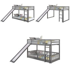 Twin Over Twin Low Bunk Bed for Kids, Ladder and Slide Can Be Interchanged or Remove, Solid Wood Bunk Bed Can Be Converted into Loft Bed (Gray + Fence Can Be Deleted)