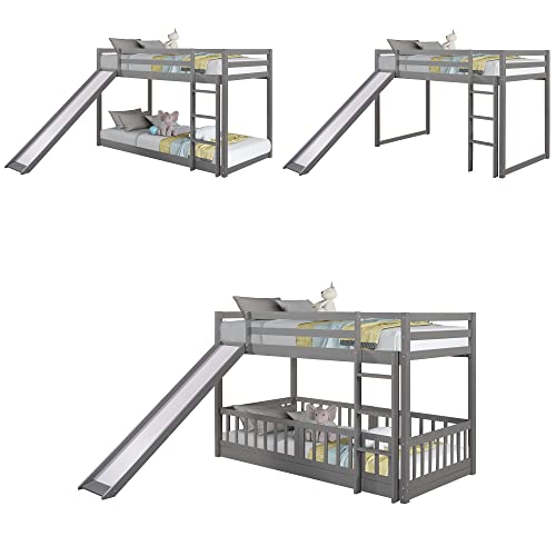 Twin Over Twin Low Bunk Bed for Kids, Ladder and Slide Can Be Interchanged or Remove, Solid Wood Bunk Bed Can Be Converted into Loft Bed (Gray + Fence Can Be Deleted)